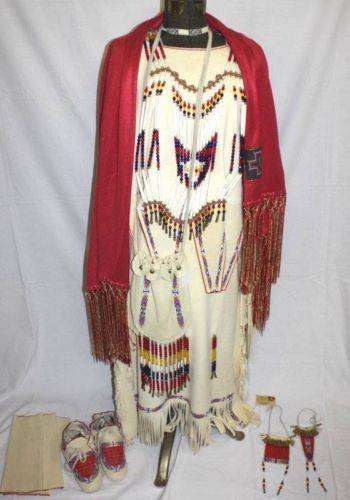 VINTAGE CHOCTAW BEADED LEATHER DANCE DRESS, MOCS, LEGGINS, BAGS & SHAWL ...